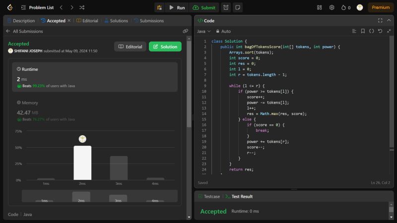 Excited to have solved LeetCode problem #948 - Bag of Tokens in Java ... Excited to have solved LeetCode problem #948 - Bag of Tokens in Java ...