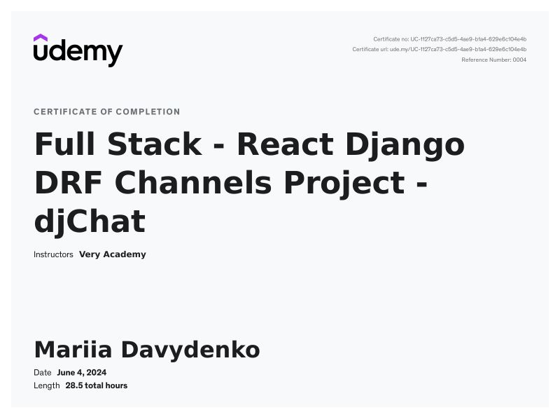 Maria Davydenko on LinkedIn: «React Django DRF Channels Project.» Maria Davydenko on LinkedIn: «React Django DRF Channels Project.»