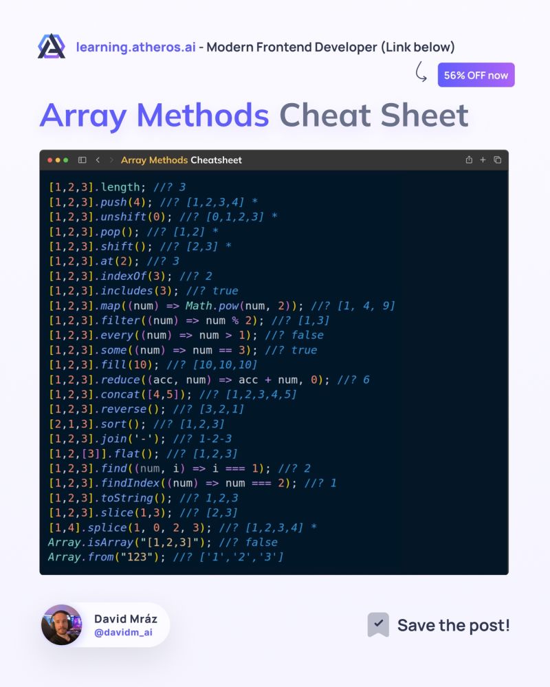 JavaScript array methods cheat sheet 🚀🚀 | David Mráz JavaScript array methods cheat sheet 🚀🚀 | David Mráz