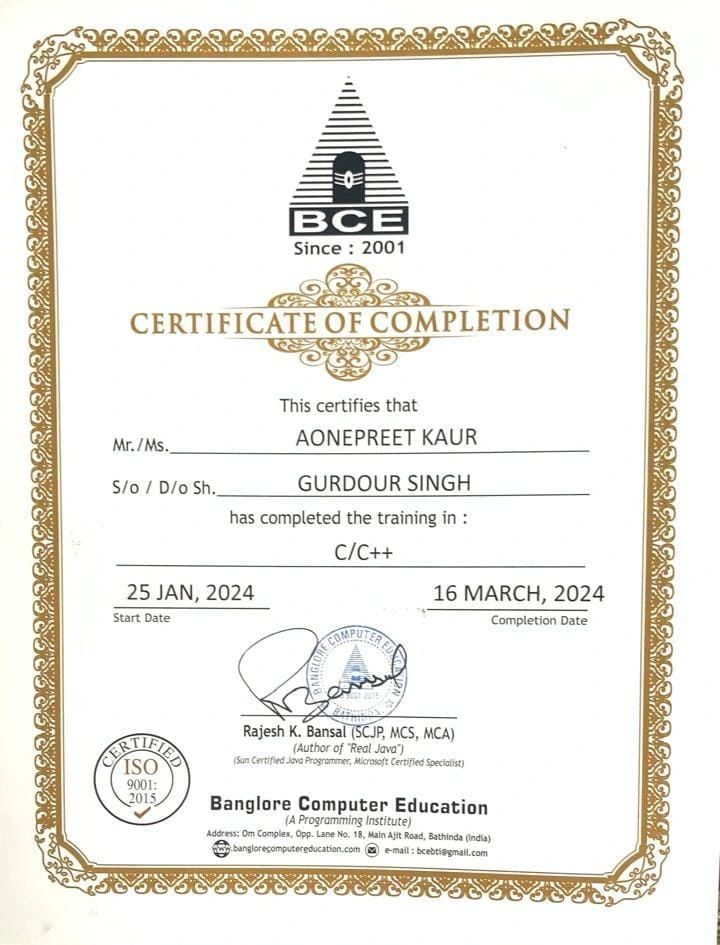 #c #cplusplus #certification | Aonepreet Kaur #c #cplusplus #certification | Aonepreet Kaur