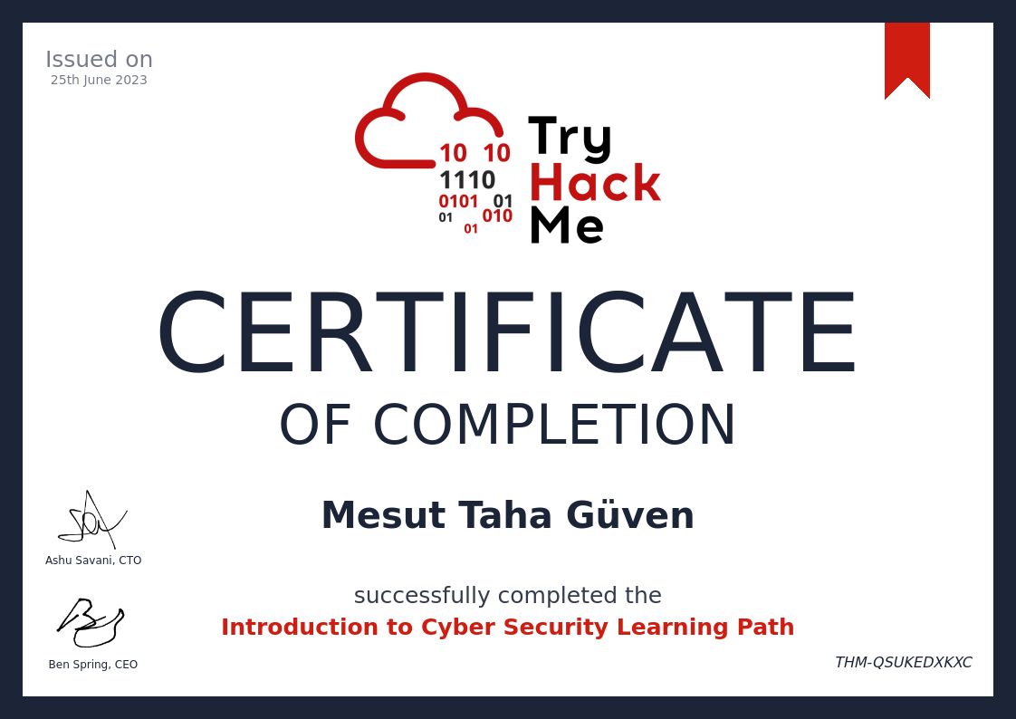 TryHackMe Introduction to Cyber Security Learning Path Certificate on ... TryHackMe Introduction to Cyber Security Learning Path Certificate on ...