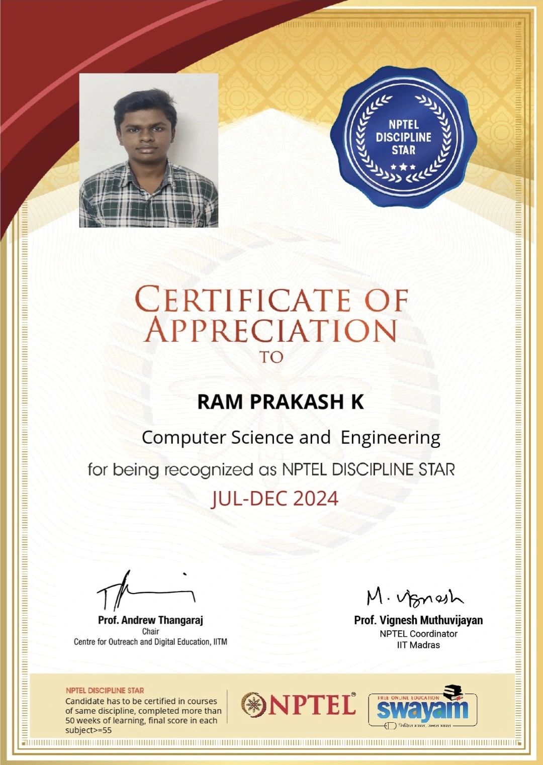 #nptel #disciplinestar #computerscience #achievement | Ram Prakash K #nptel #disciplinestar #computerscience #achievement | Ram Prakash K