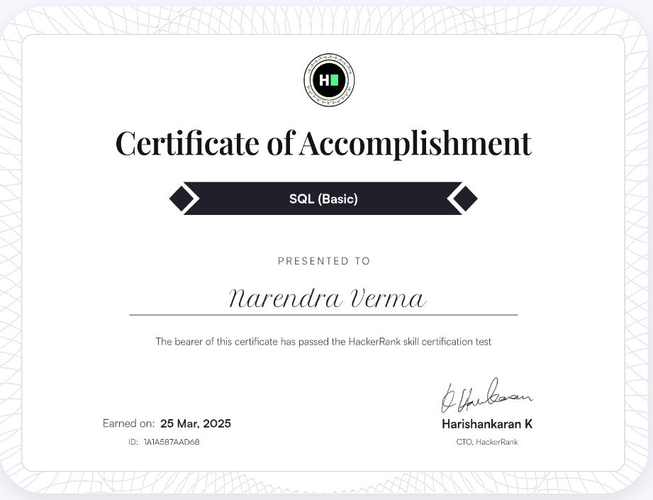 #sql #dataskills #hackerrank #professionaldevelopment | Narendra Verma #sql #dataskills #hackerrank #professionaldevelopment | Narendra Verma
