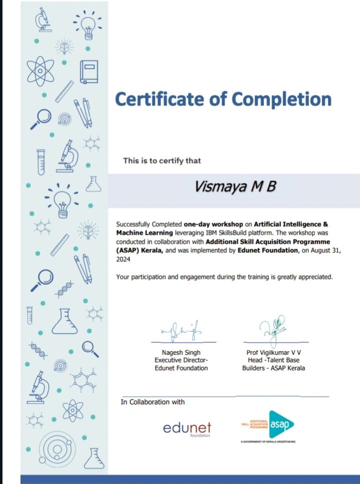 Vismaya M B on LinkedIn: Certificate from Edunet Foundation Vismaya M B on LinkedIn: Certificate from Edunet Foundation