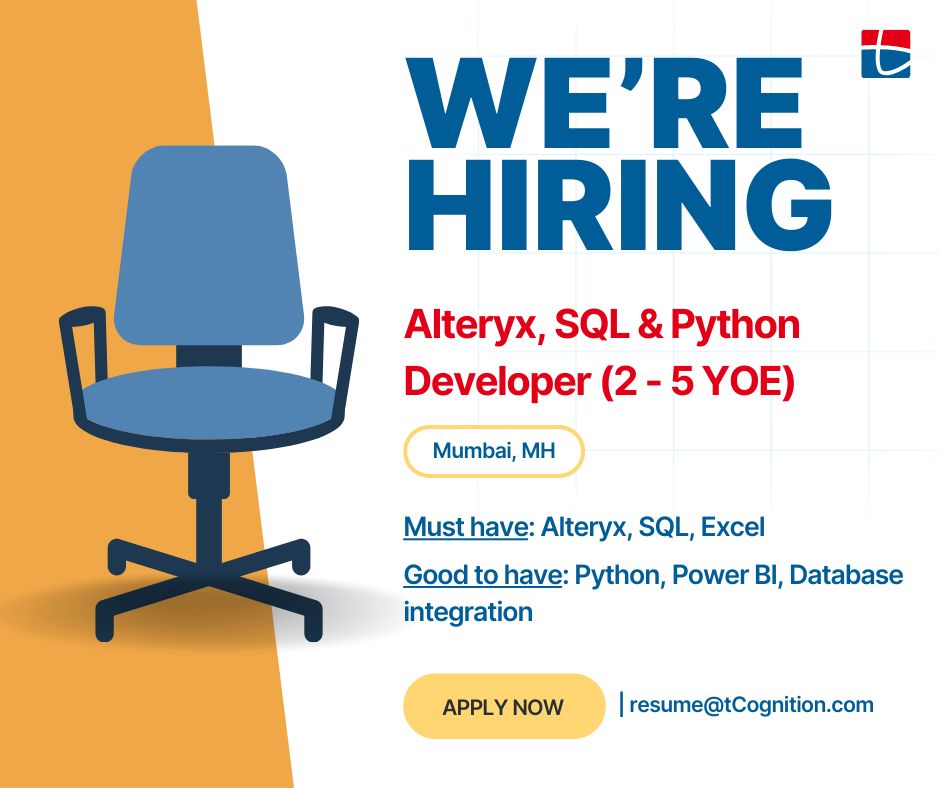 tCognition on LinkedIn: #alteryx #sql #python_developer #alteryx #sql # ... tCognition on LinkedIn: #alteryx #sql #python_developer #alteryx #sql # ...