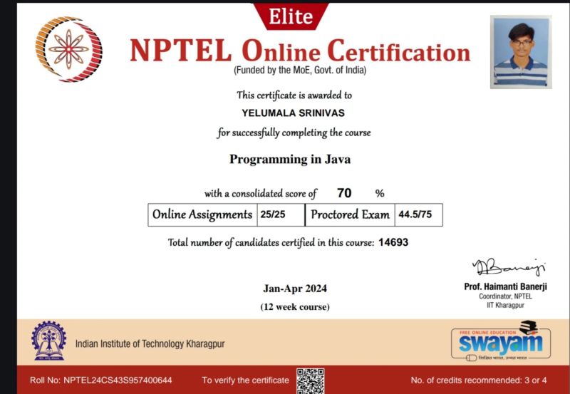 Srinivas Yelumala on LinkedIn: #javaprogramming #nptelcertification Srinivas Yelumala on LinkedIn: #javaprogramming #nptelcertification