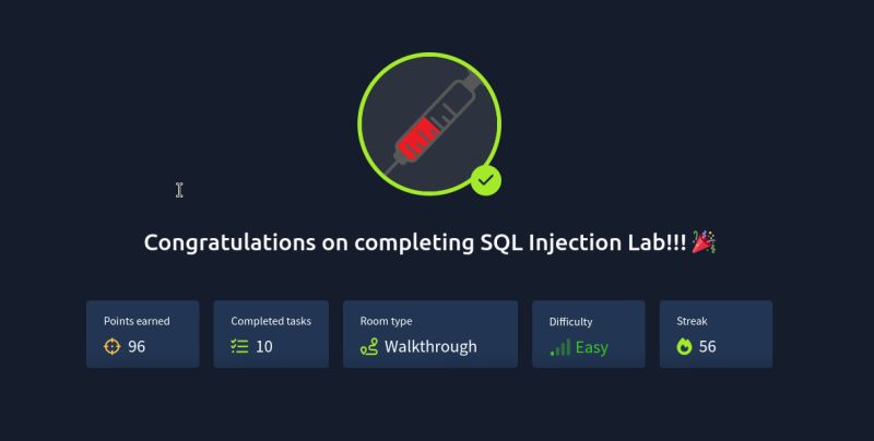 🚀 Just Completed the SQL Injection Lab on TryHackMe! 🎉 🔴 SQL Injection ... 🚀 Just Completed the SQL Injection Lab on TryHackMe! 🎉 🔴 SQL Injection ...