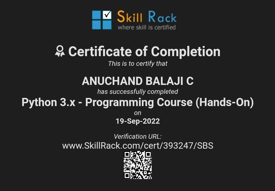 ANUCHAND BALAJI C on LinkedIn: python - programming course on Skill Rack ANUCHAND BALAJI C on LinkedIn: python - programming course on Skill Rack