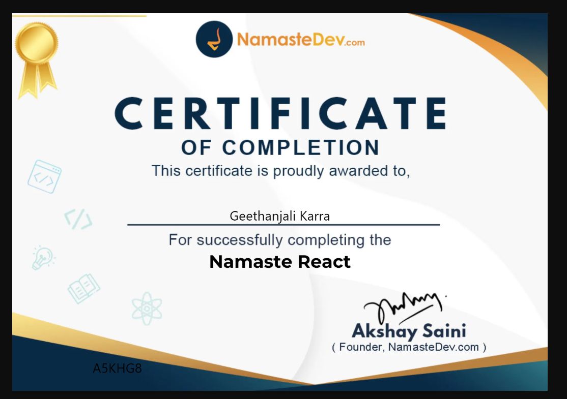 Earned React certification from Namaste Dev | Geethanjali Karra posted ... Earned React certification from Namaste Dev | Geethanjali Karra posted ...
