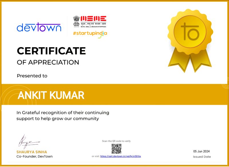 Ankit Kumar on LinkedIn: #certification #devtown #professionaldevelopment Ankit Kumar on LinkedIn: #certification #devtown #professionaldevelopment