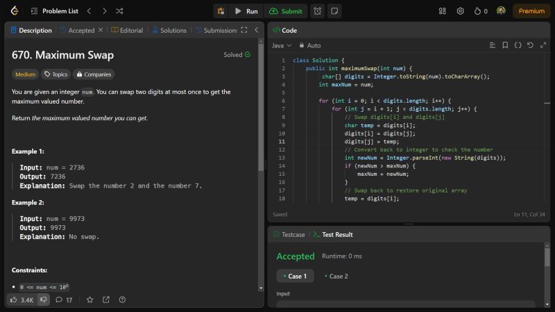 Solved LeetCode problem 670: Maximum Swap | Sagar Kumar posted on the ... Solved LeetCode problem 670: Maximum Swap | Sagar Kumar posted on the ...