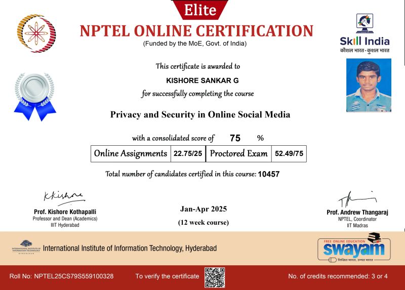 Completed NPTEL course on Privacy and Security in Online Social Media ... Completed NPTEL course on Privacy and Security in Online Social Media ...