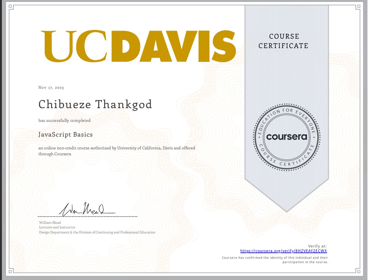 Chibueze Thankgod on LinkedIn: I completed JavaScript Basics! Check out my… Chibueze Thankgod on LinkedIn: I completed JavaScript Basics! Check out my…