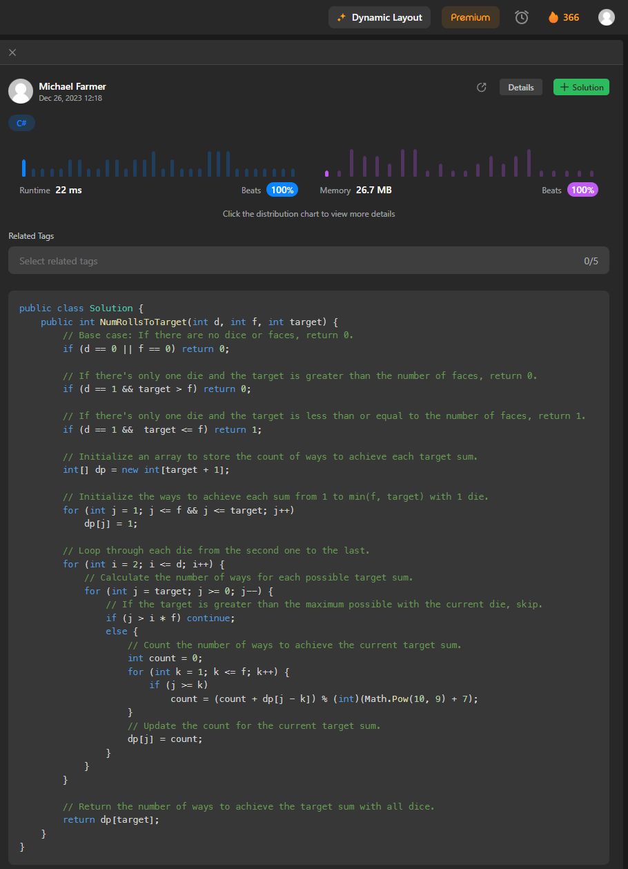 Day 366 of Daily LeetCode: NumRollsToTarget | Michael Farmer posted on ... Day 366 of Daily LeetCode: NumRollsToTarget | Michael Farmer posted on ...
