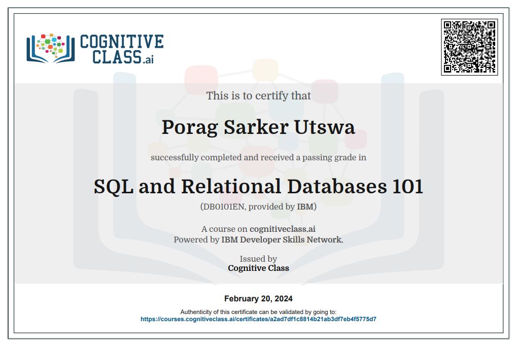 Porag Sarker on LinkedIn: #sql #rdbms #ibm #cognitiveclass #certification Porag Sarker on LinkedIn: #sql #rdbms #ibm #cognitiveclass #certification