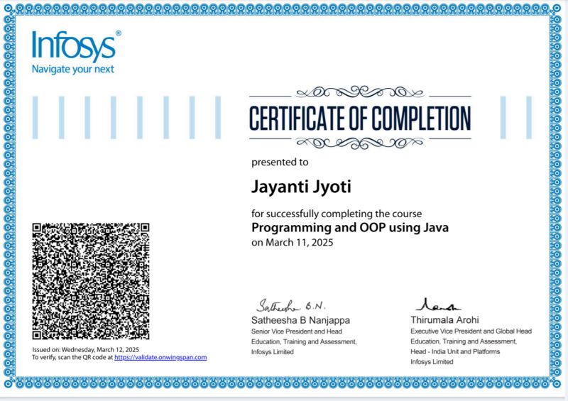 Programming and OOP using Java Infosys | JAYANTI JYOTI Programming and OOP using Java Infosys | JAYANTI JYOTI