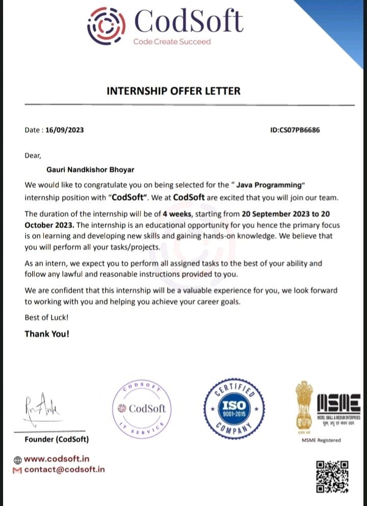 Gauri Bhoyar on LinkedIn: #codsoft #internship #javaprogramming Gauri Bhoyar on LinkedIn: #codsoft #internship #javaprogramming