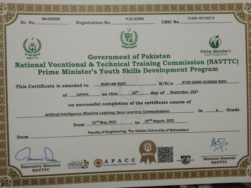 Completed NAVTTC Artificial Intelligence course | Maryam Rizvi posted ... Completed NAVTTC Artificial Intelligence course | Maryam Rizvi posted ...