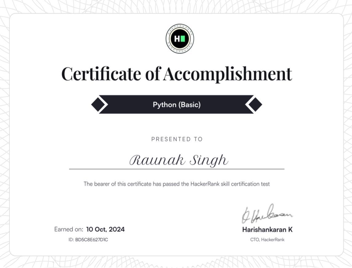Raunak Singh on LinkedIn: #python #certification #hackerrank # ... Raunak Singh on LinkedIn: #python #certification #hackerrank # ...