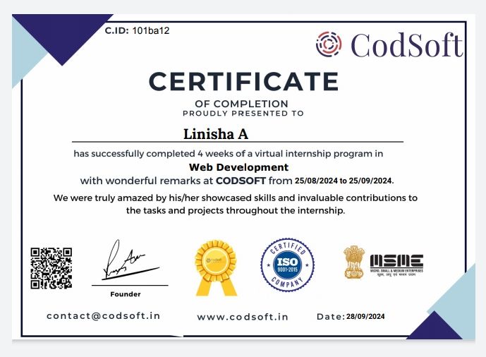 LINISHA A on LinkedIn: #internship #webdevelopment #codsoft # ... LINISHA A on LinkedIn: #internship #webdevelopment #codsoft # ...