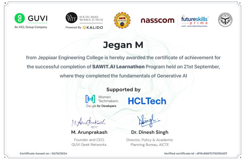 Jegan M on LinkedIn: Certificate! which I got from GUVI learning ... Jegan M on LinkedIn: Certificate! which I got from GUVI learning ...