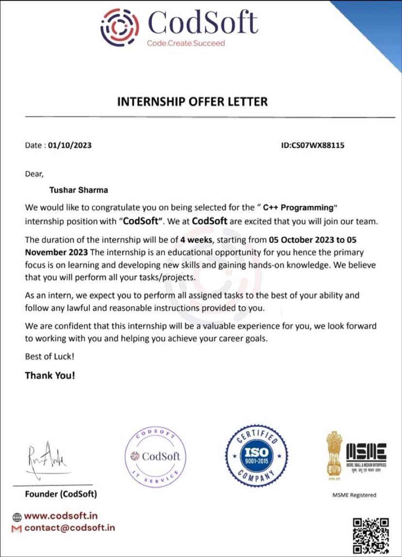 #internship #codsoft #cplusplus | Tushar Sharma #internship #codsoft #cplusplus | Tushar Sharma
