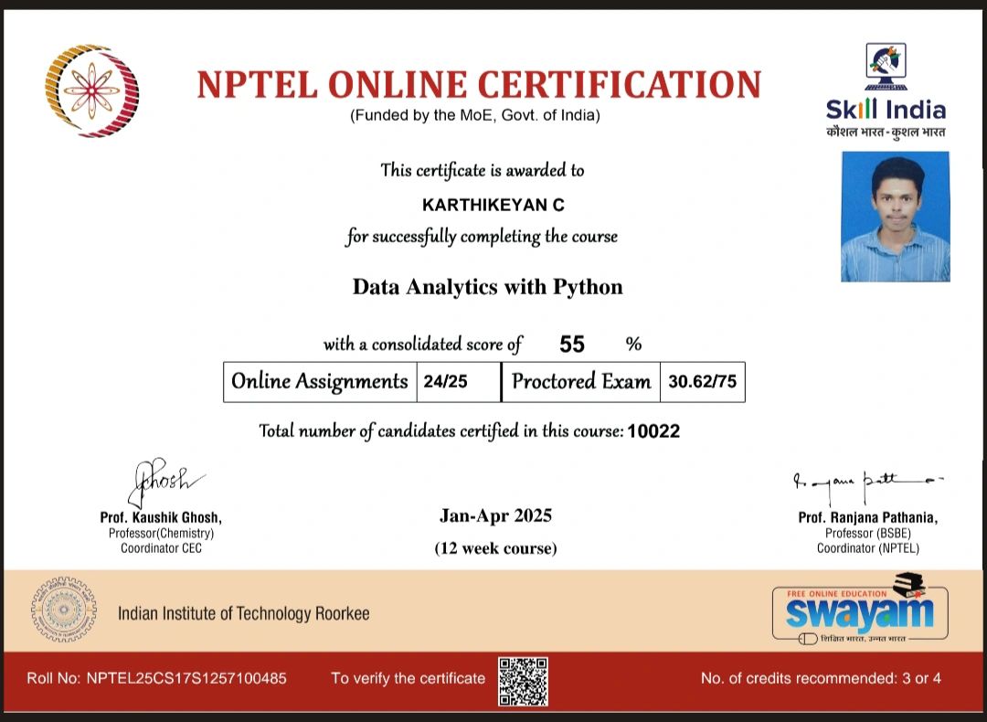 Completed NPTEL course in Data Analytics with Python | Karthikeyan C ... Completed NPTEL course in Data Analytics with Python | Karthikeyan C ...