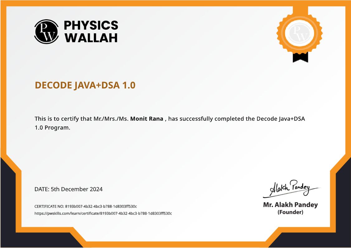 Monit Rana on LinkedIn: #java #dsa #certification #physicswallah # ... Monit Rana on LinkedIn: #java #dsa #certification #physicswallah # ...