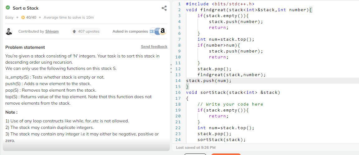 Saksham Gupta on LinkedIn: #197 sort stack using recursion Saksham Gupta on LinkedIn: #197 sort stack using recursion