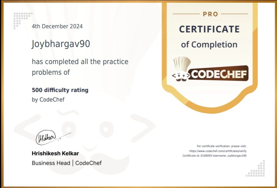 Joy Bhargav on LinkedIn: #codechef #coding #c #certificate Joy Bhargav on LinkedIn: #codechef #coding #c #certificate