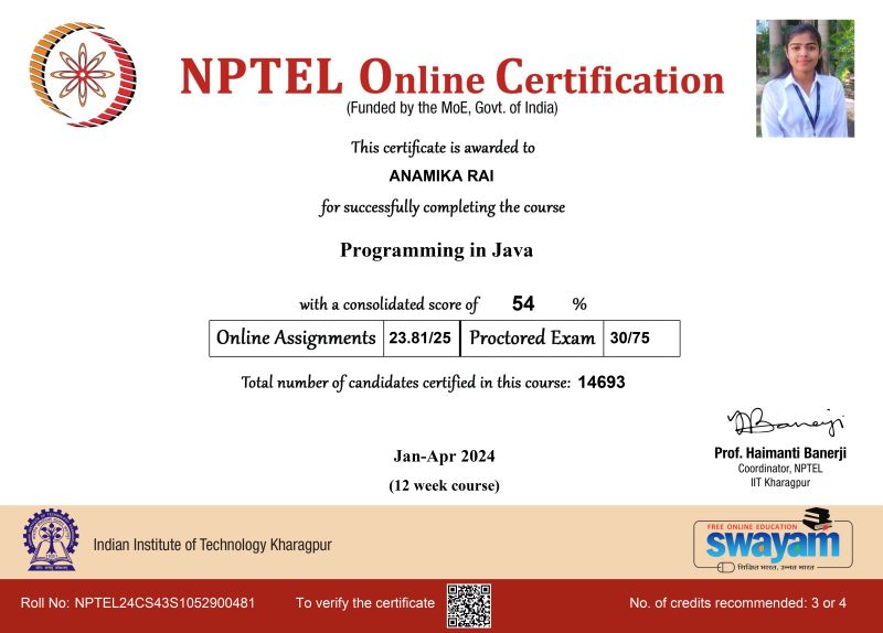 #java #nptel #programming #certification #javadeveloper | Anamika Rai ... #java #nptel #programming #certification #javadeveloper | Anamika Rai ...