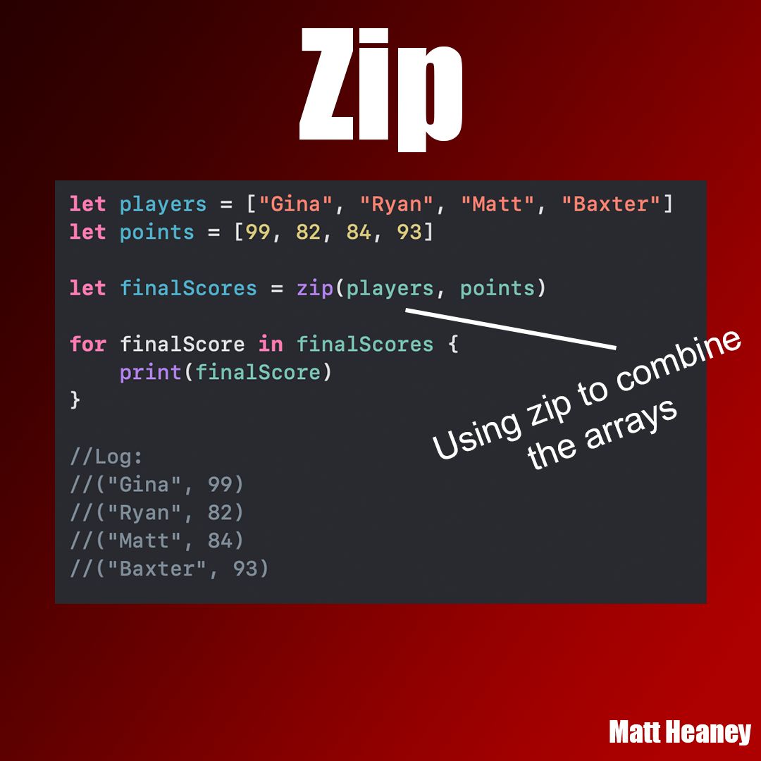 How to use zip in Swift tip | Matt Heaney posted on the topic | LinkedIn How to use zip in Swift tip | Matt Heaney posted on the topic | LinkedIn