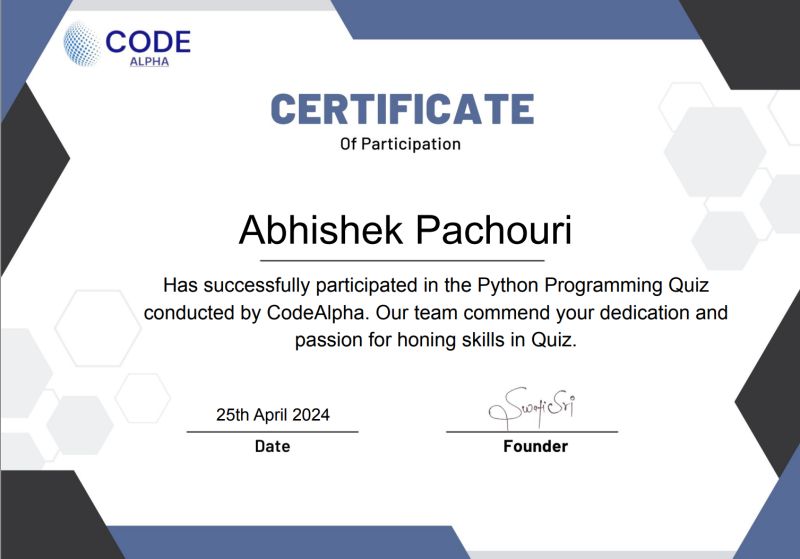Completed CodeAlpha Python quiz | Abhishek Pachouri posted on the topic ... Completed CodeAlpha Python quiz | Abhishek Pachouri posted on the topic ...