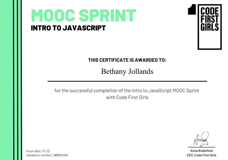 Bethany J. on LinkedIn: Loved completing the Intro to JavaScript MOOC ... Bethany J. on LinkedIn: Loved completing the Intro to JavaScript MOOC ...