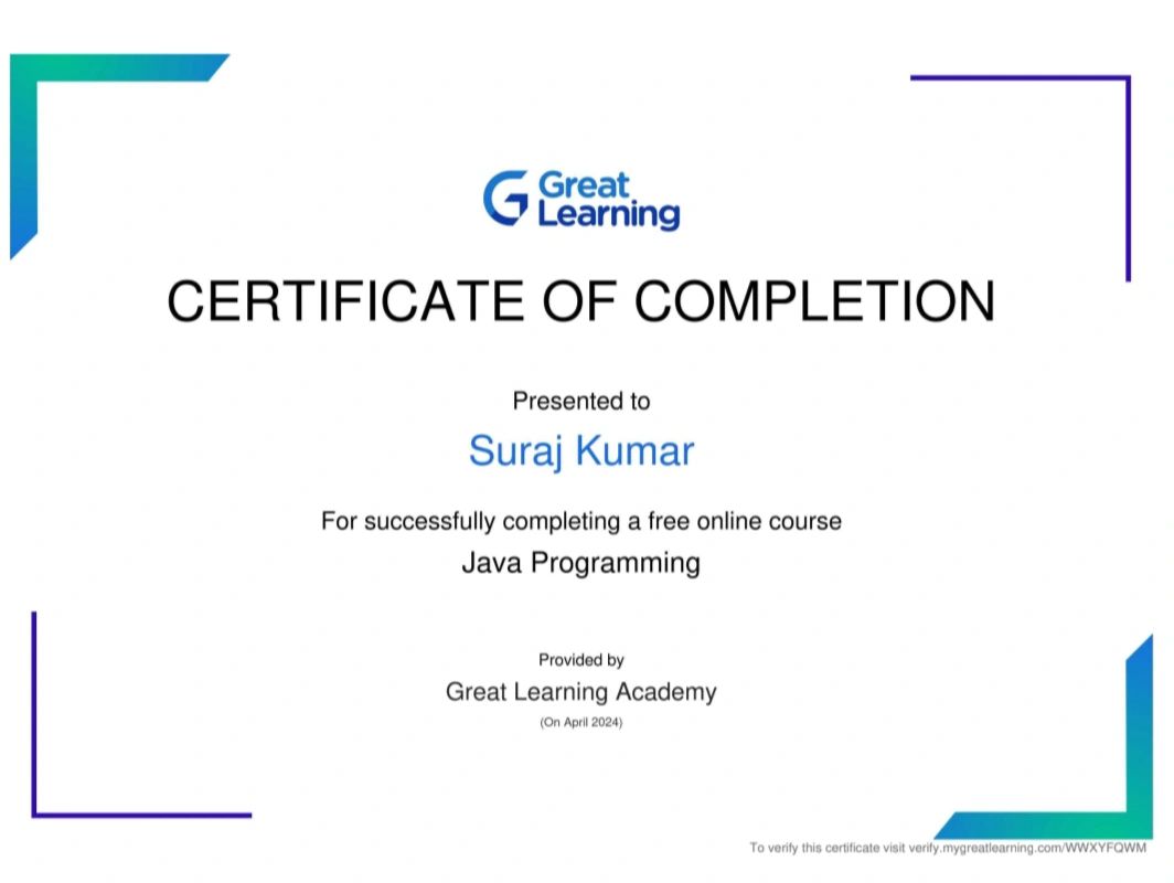 java programming course certificate by grate learning platform | Suraj ... java programming course certificate by grate learning platform | Suraj ...