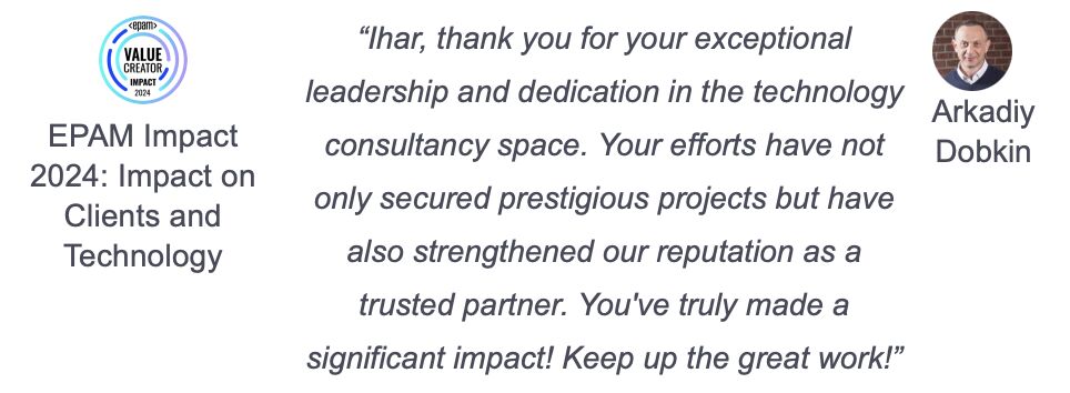 Last week I received the IMPACT 2024 award from the EPAM CEO. Thank you ... Last week I received the IMPACT 2024 award from the EPAM CEO. Thank you ...