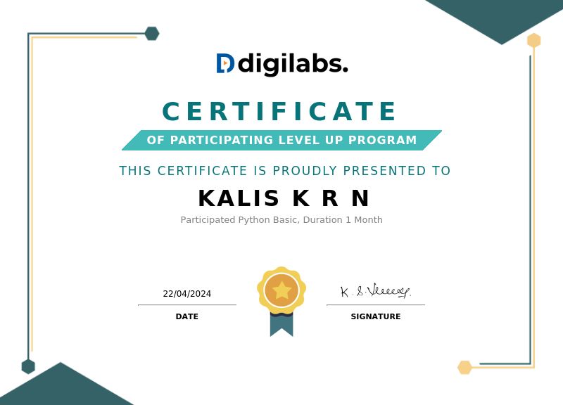 KALIS.K.R.N ㅤ on LinkedIn: #python #coding #digilabs #certificate # ... KALIS.K.R.N ㅤ on LinkedIn: #python #coding #digilabs #certificate # ...