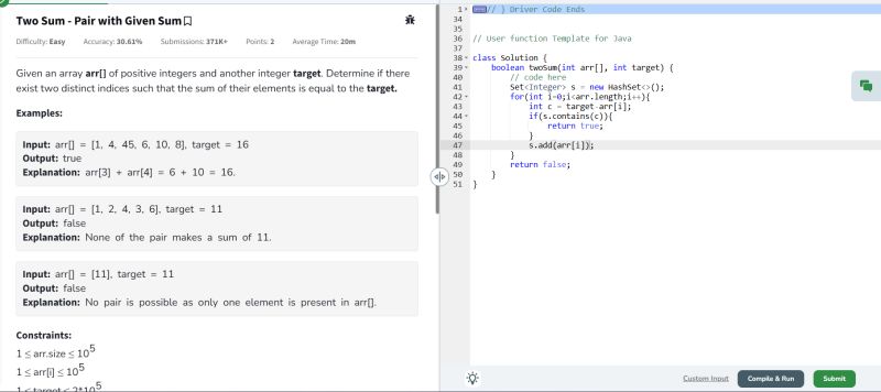 #java #hashing #twosum #dsa #gfgpractice #100dayschallenge… | Yashika Rani #java #hashing #twosum #dsa #gfgpractice #100dayschallenge… | Yashika Rani