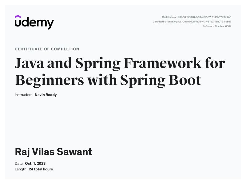 Completed the Java and Spring Framework with Spring Boot on UDEMY 🎉 ... Completed the Java and Spring Framework with Spring Boot on UDEMY 🎉 ...