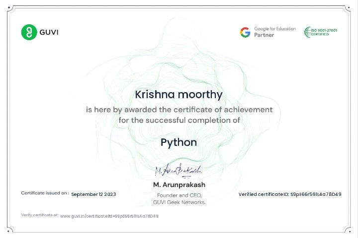 Krishna moorthy on LinkedIn: I have finished python certificate Krishna moorthy on LinkedIn: I have finished python certificate