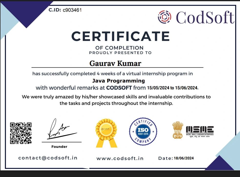 Gaurav Kumar on LinkedIn: #internship #java #codsoft Gaurav Kumar on LinkedIn: #internship #java #codsoft