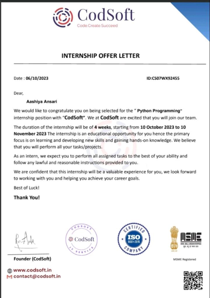 Aashiya Ansari on LinkedIn: internship offer letter for python programming Aashiya Ansari on LinkedIn: internship offer letter for python programming