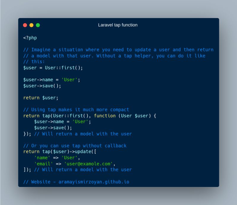 Aramayis Mirzoyan on LinkedIn: Laravel tap function 💡 This function ... Aramayis Mirzoyan on LinkedIn: Laravel tap function 💡 This function ...