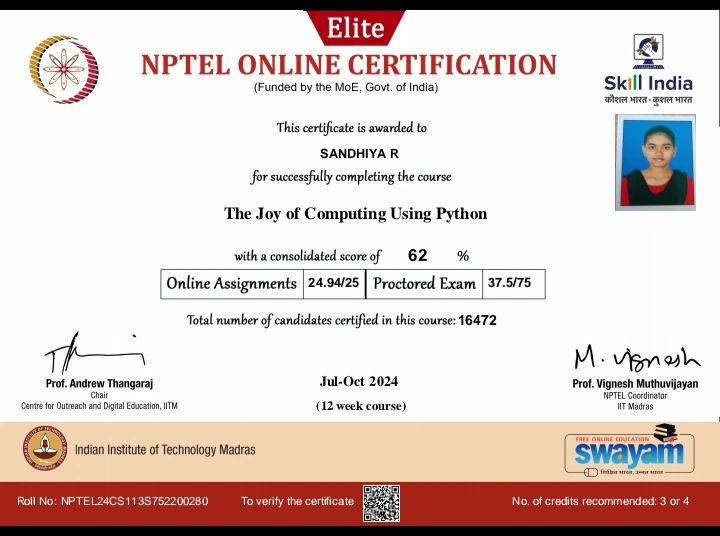 #pythonprogramming #nptel #elitecertificate | SANDHIYA R #pythonprogramming #nptel #elitecertificate | SANDHIYA R