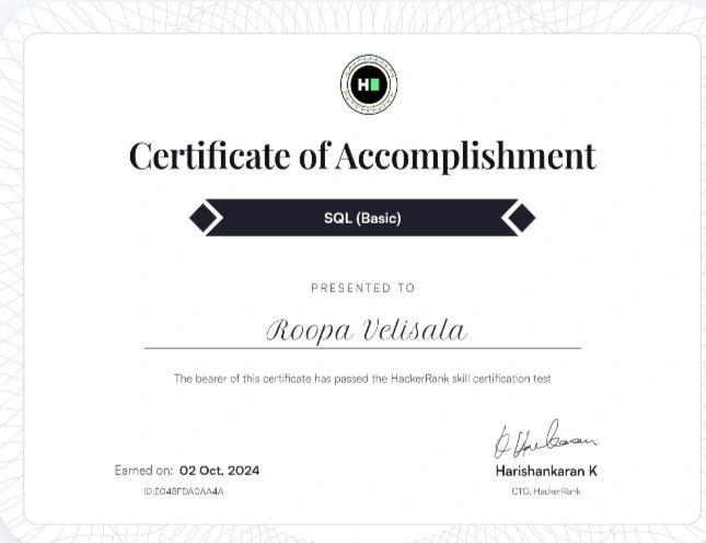 Iam happy to share that I got certification of SQL basic by hackerrank ... Iam happy to share that I got certification of SQL basic by hackerrank ...