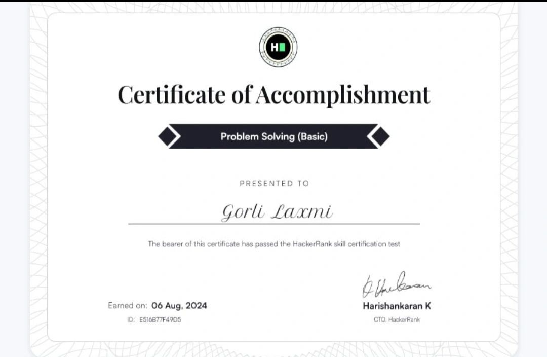 Gorli Laxmi on LinkedIn: #certification #hackerrank #problemsolving # ... Gorli Laxmi on LinkedIn: #certification #hackerrank #problemsolving # ...