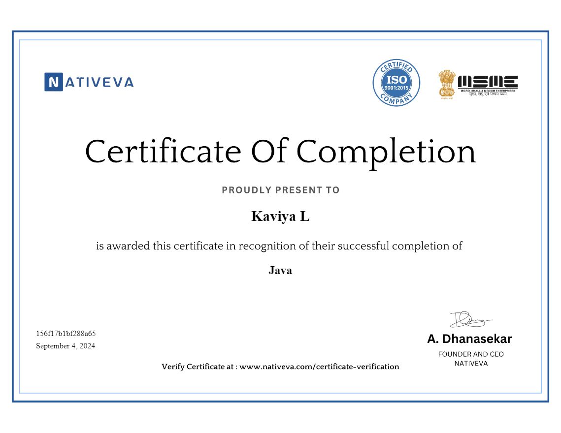 Kaviya L on LinkedIn: #java #programming #coursecompletion # ... Kaviya L on LinkedIn: #java #programming #coursecompletion # ...