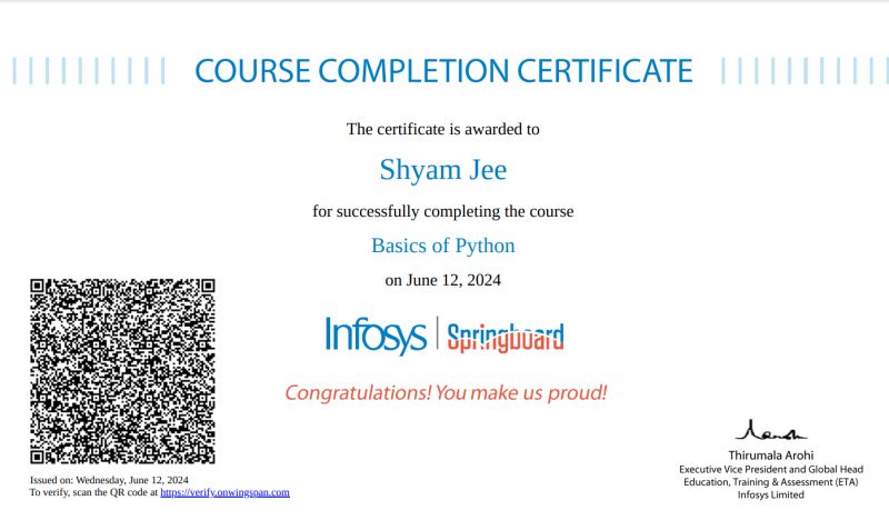 Completed Python course with Infosys Springboard | Shyam Jee posted on ... Completed Python course with Infosys Springboard | Shyam Jee posted on ...