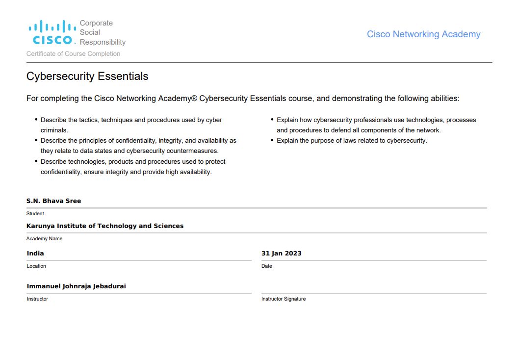 Cybersecurity Essentials - Cisco | BHAVA SREE S.N Cybersecurity Essentials - Cisco | BHAVA SREE S.N