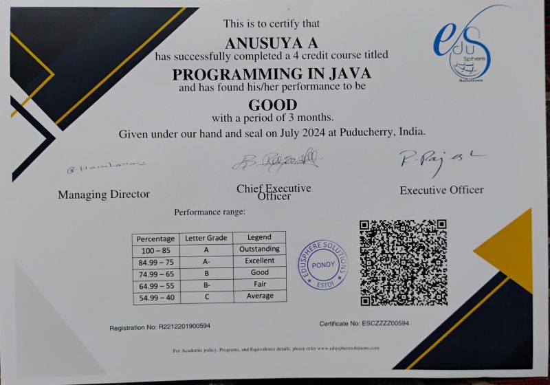 Anusuya Alagirisamy on LinkedIn: #java #certification #learningjourney Anusuya Alagirisamy on LinkedIn: #java #certification #learningjourney